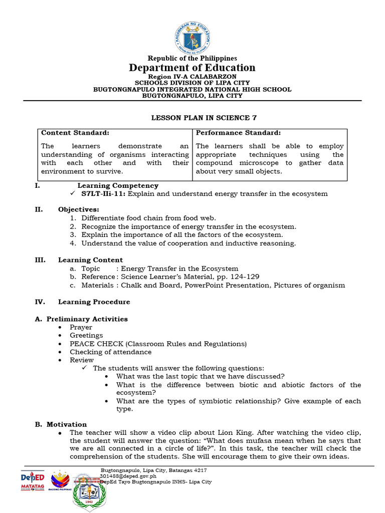 Cot 2 - 2024 - Energy Transfer | PDF | Ecosystem | Learning