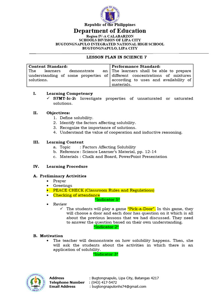 DLP Science-7 Cot-1 Solubility 2023-2024 | PDF | Solubility | Chemistry