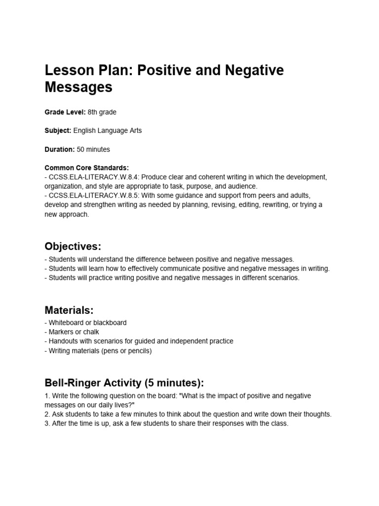 Lesson Plan - Positive and Negative Messages 2024 Guide | PDF | Writing ...