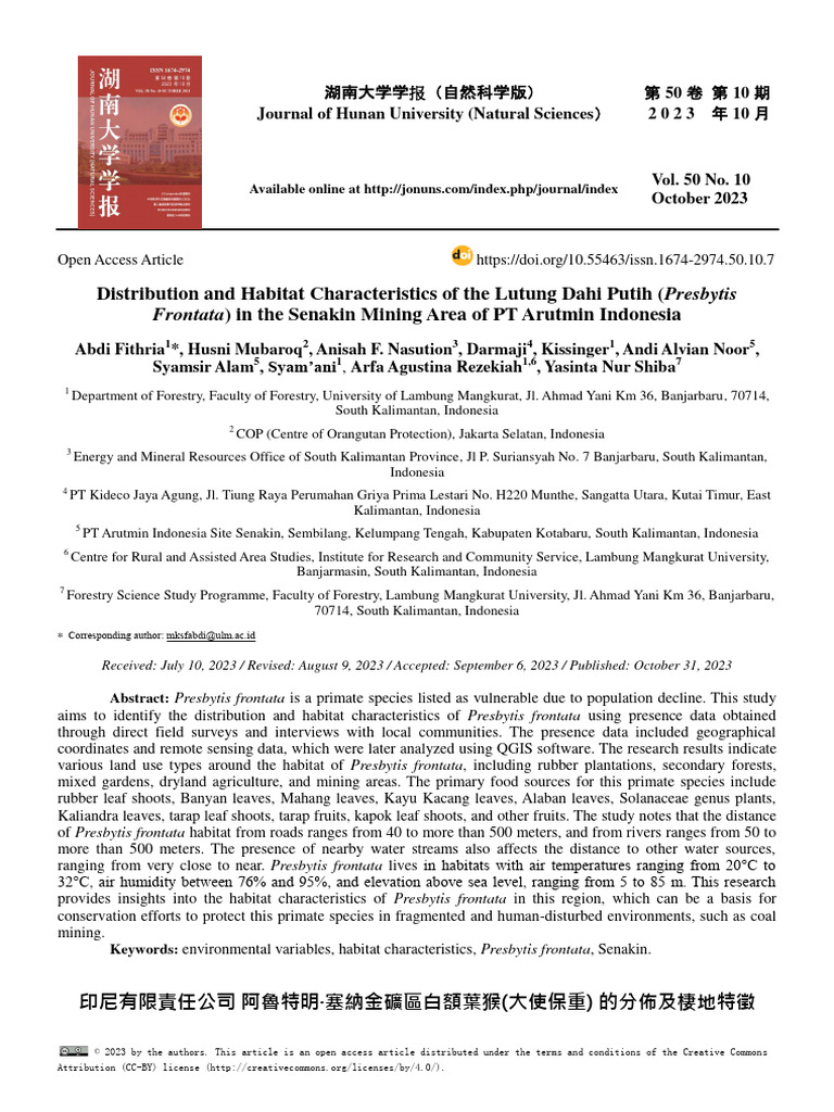 Presbytis Frontata Habitat in Senakin | PDF | Habitat | Forests