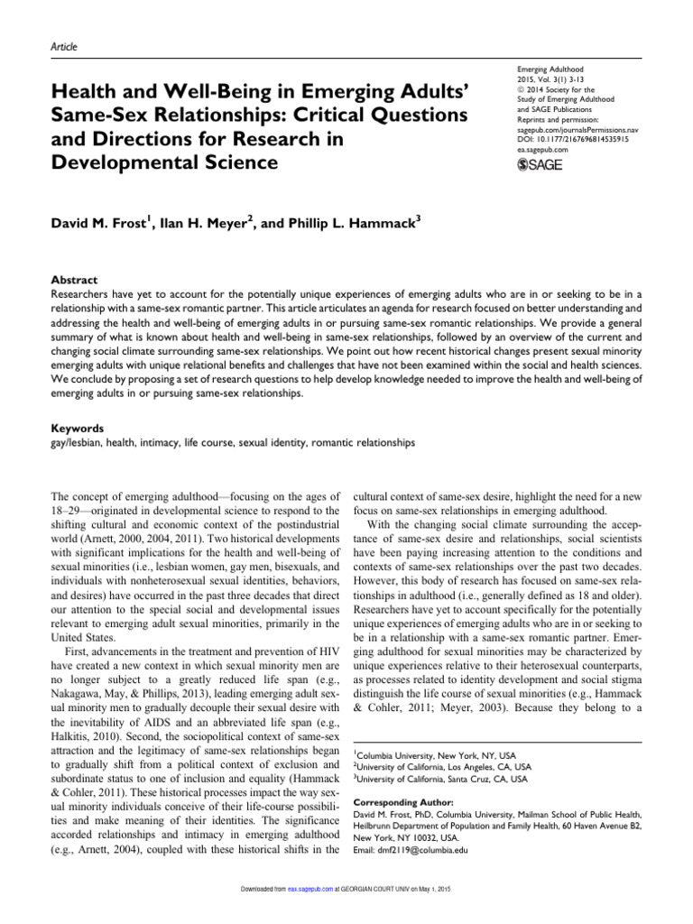 Health and Well-Being in Emerging Adults' Same-Sex Relationships | PDF ...