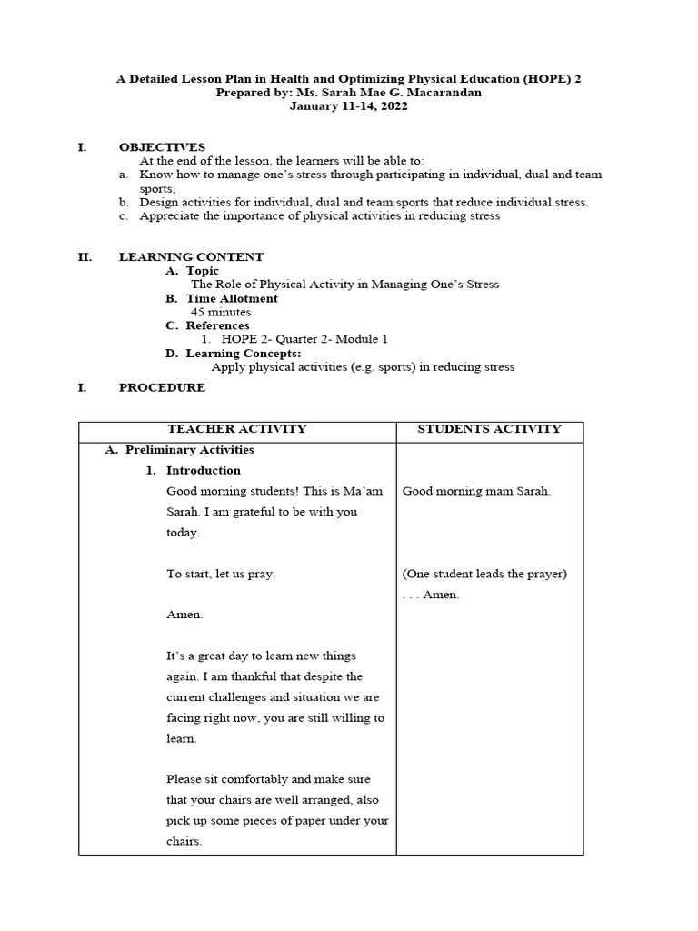 A Detailed Lesson Plan in Health and Optimizing Physical Education-Lac ...