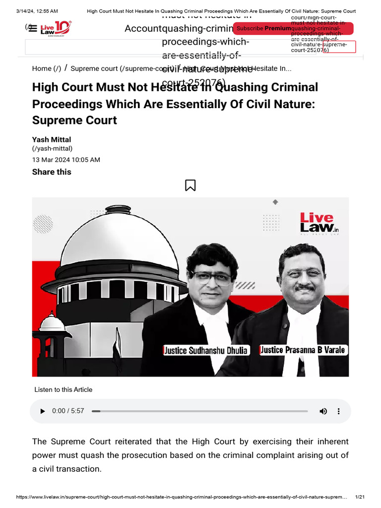 High Court Must Not Hesitate in Quashing Criminal Proceedings Which Are ...