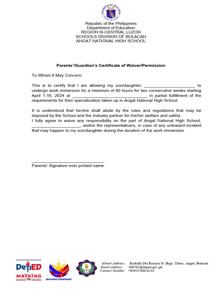 Parent Consent for Work Immersion | PDF
