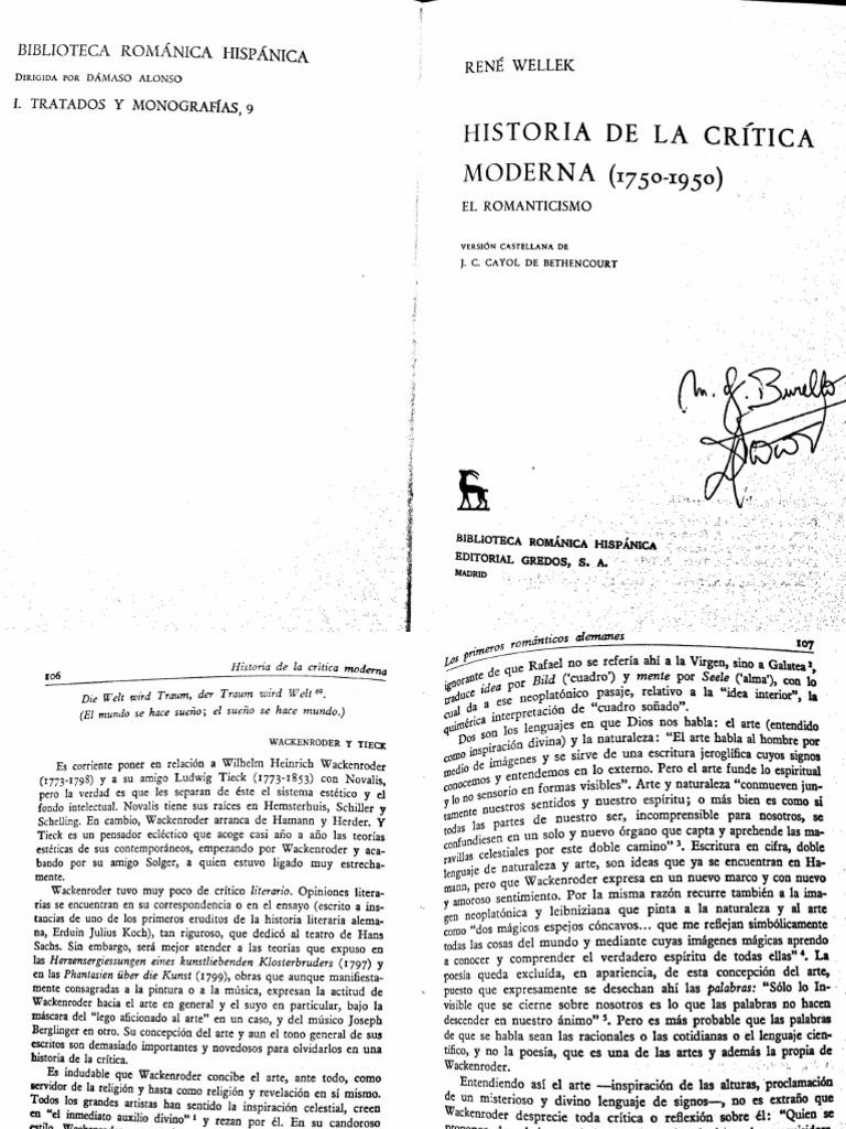 WELLEK - Tieck y Wackenroder | PDF