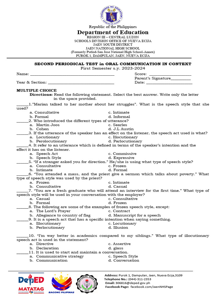 Second Periodical Test: Oral Communication | PDF | Human Communication