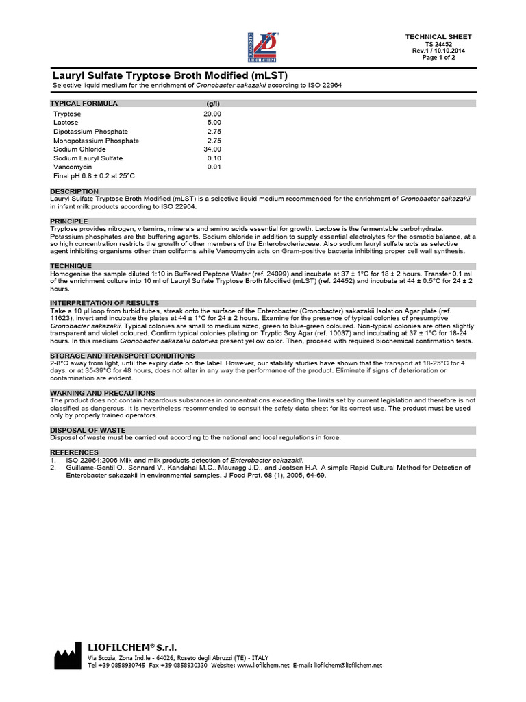 M LSTB Liofilchem | PDF | Growth Medium | Sodium