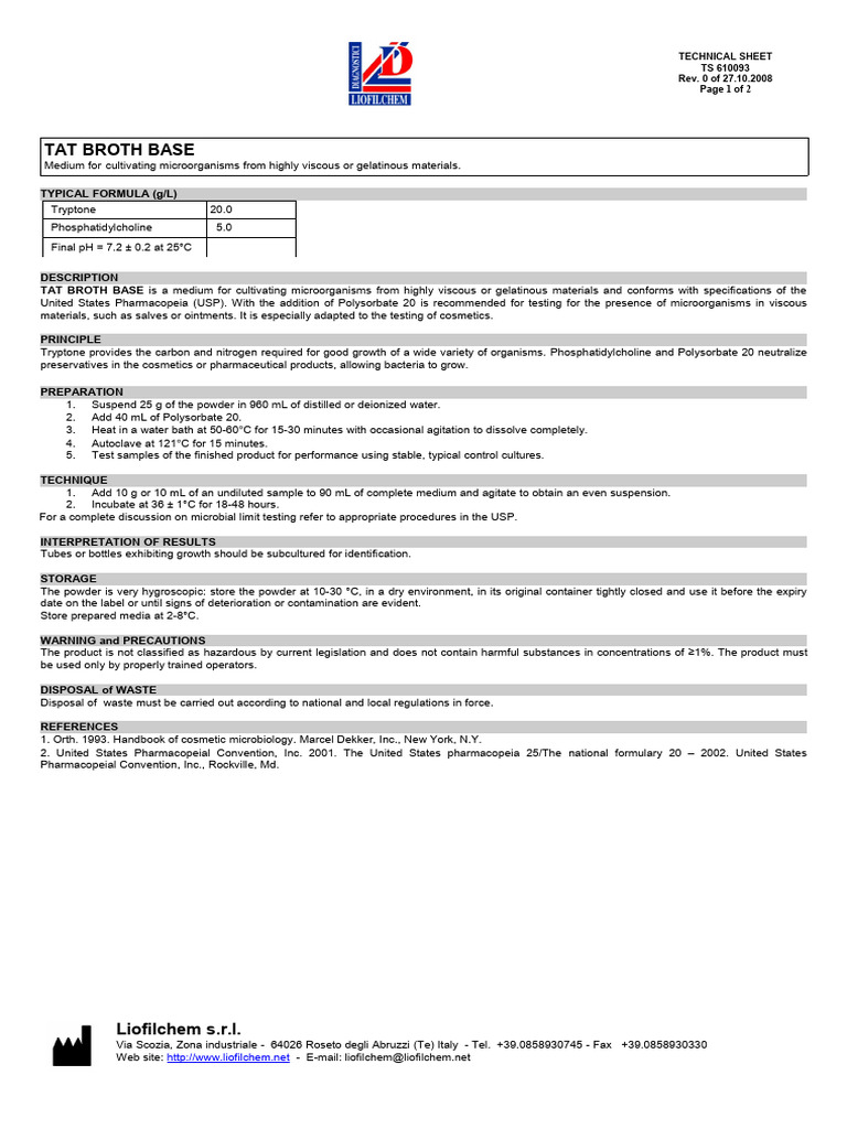 TAT Broth Base Liofilchem Setara SCDLP | PDF | Biology | Microbiology