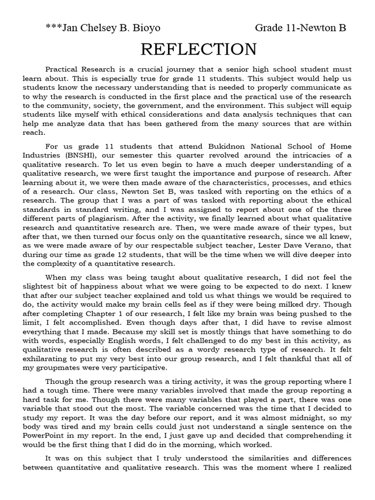 1000 Word Reflection - Chelsey | PDF | Qualitative Research | Data Analysis