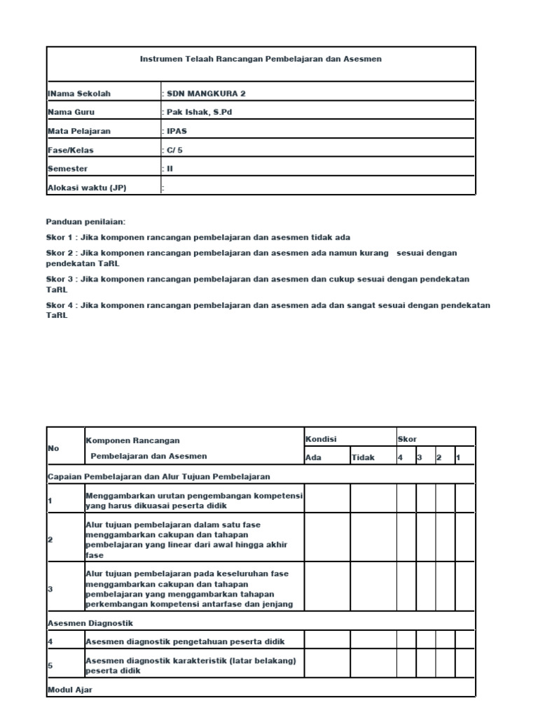 Instrumen Telaah Rancangan Pembelajaran Dan Asesmen | PDF
