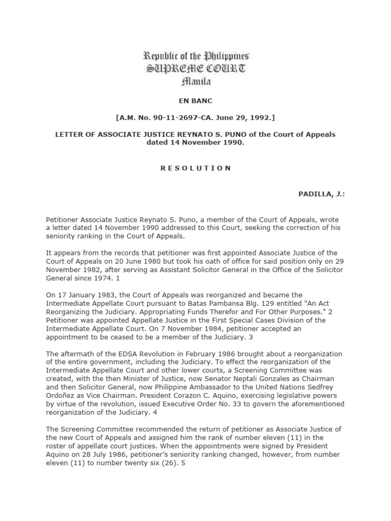 Justice Puno's Seniority Ranking Dispute | PDF | Appeal | Constitution