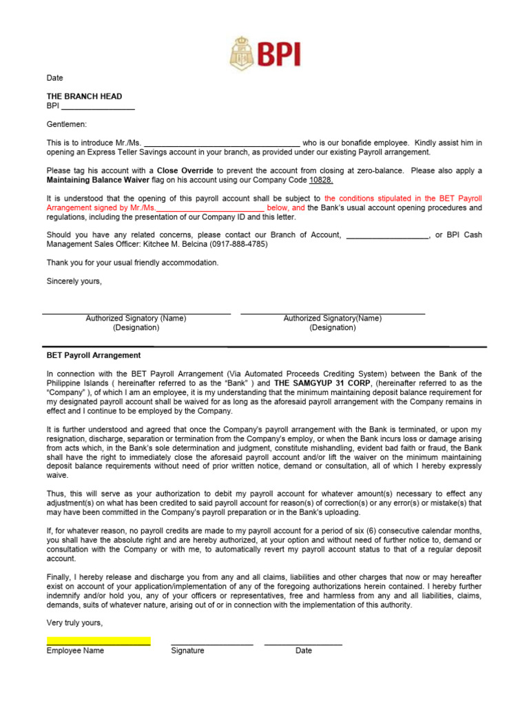 Introduction Letter and BET Payroll Arrangement | PDF | Banks | Business