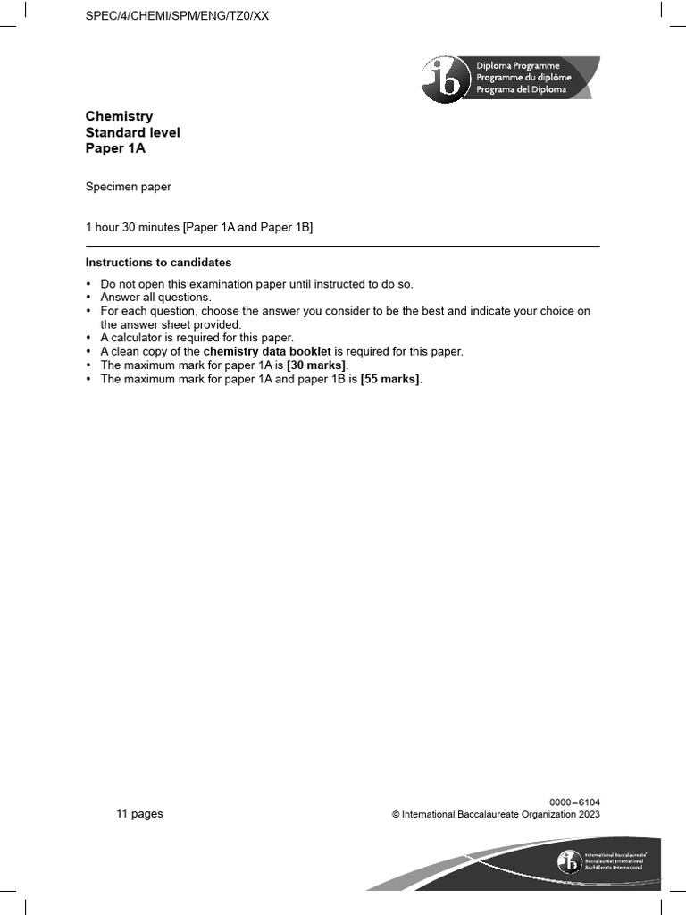 Chemistry HL SL Specimen Papers 1a 2b 2 en | PDF | Redox | Chemical Reactions