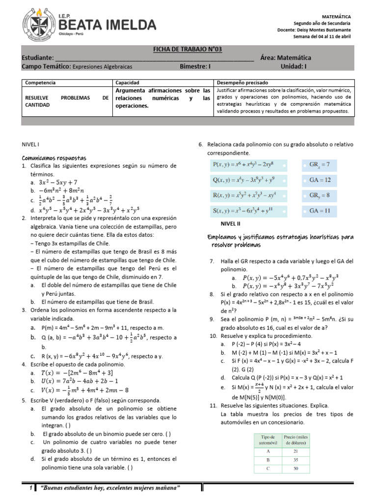 FICHA DE TRABAJO #3 - Expresiones Algebraicas | PDF | Matemática Elemental | Álgebra