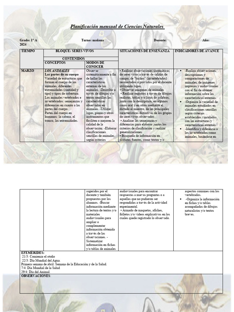 Planificación Ciencias Naturales 1° A | PDF