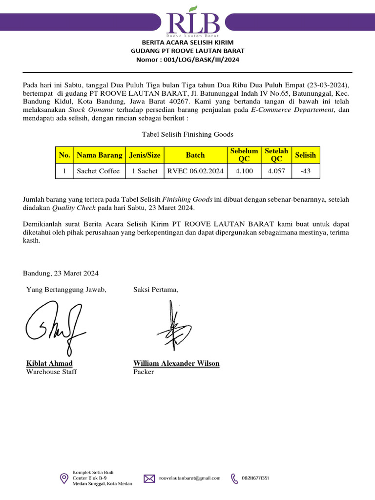 Berita Acara Kurang Sachet RLB - BTN (230324) | PDF