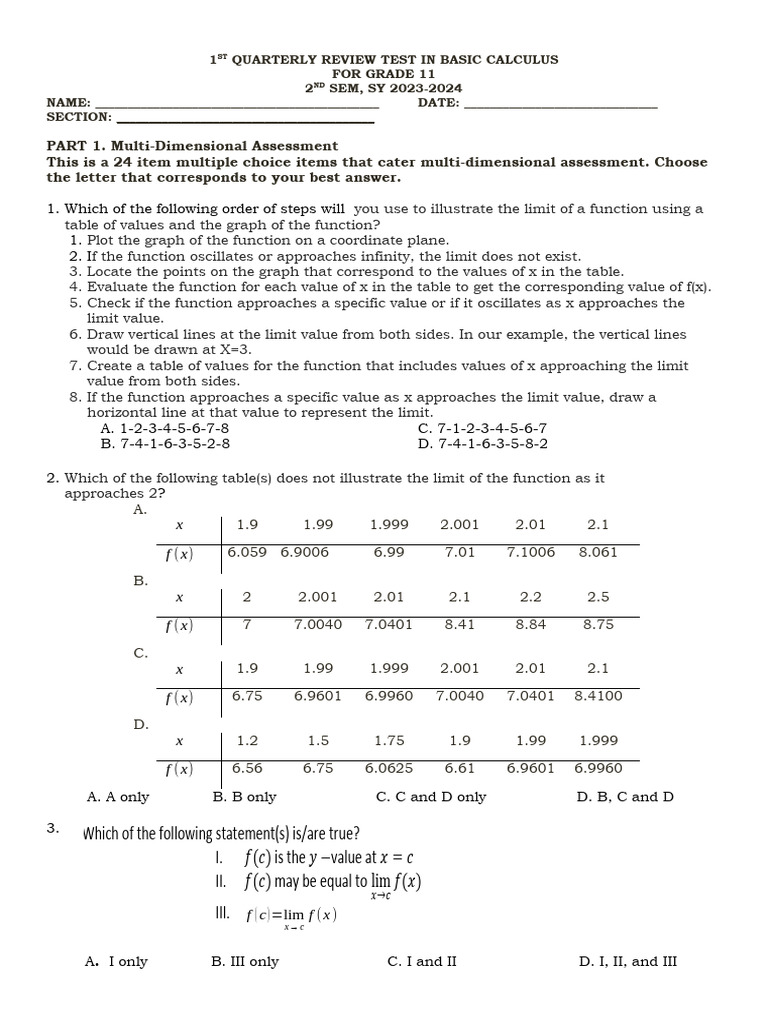 TestPaper Basic Calculus 3rd-Quarter Review Test | PDF | Function ...
