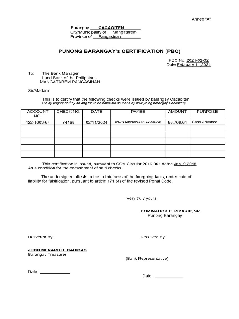 Barangay Cacaoiten Check Certification | PDF