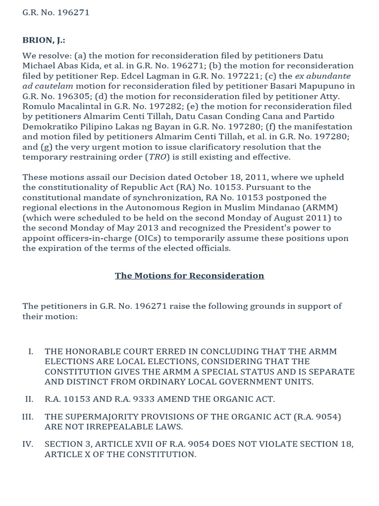 DATU MICHAEL ABAS KIDA v. SENATE OF PHILIPPINES 2012 | PDF | Presidents ...