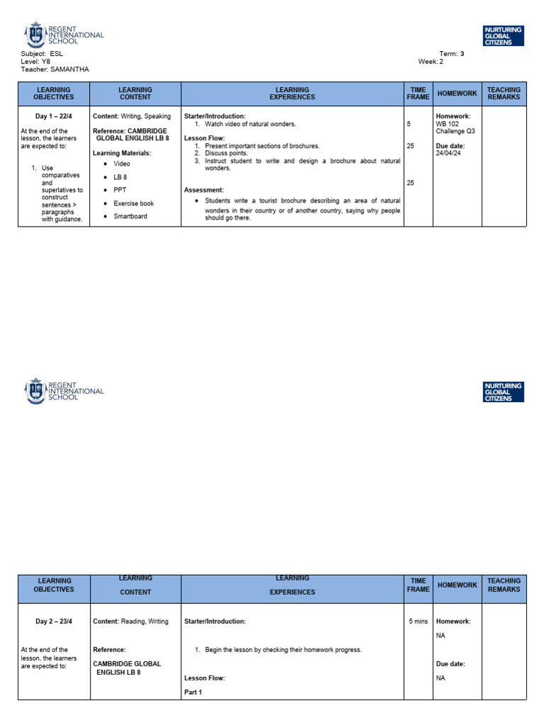 Y8 ESL Wk2 LP | PDF | Learning | English As A Second Or Foreign Language