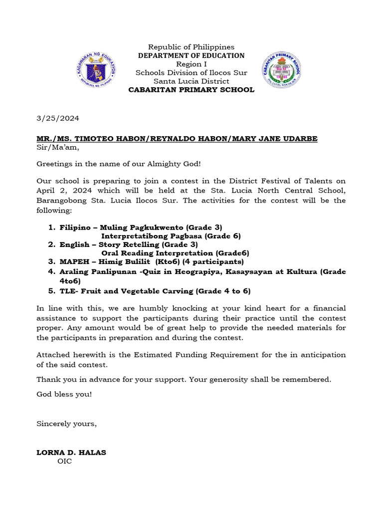CABARITAN PS SOLICITATION LETTER - No2 | PDF | Cooking, Food & Wine
