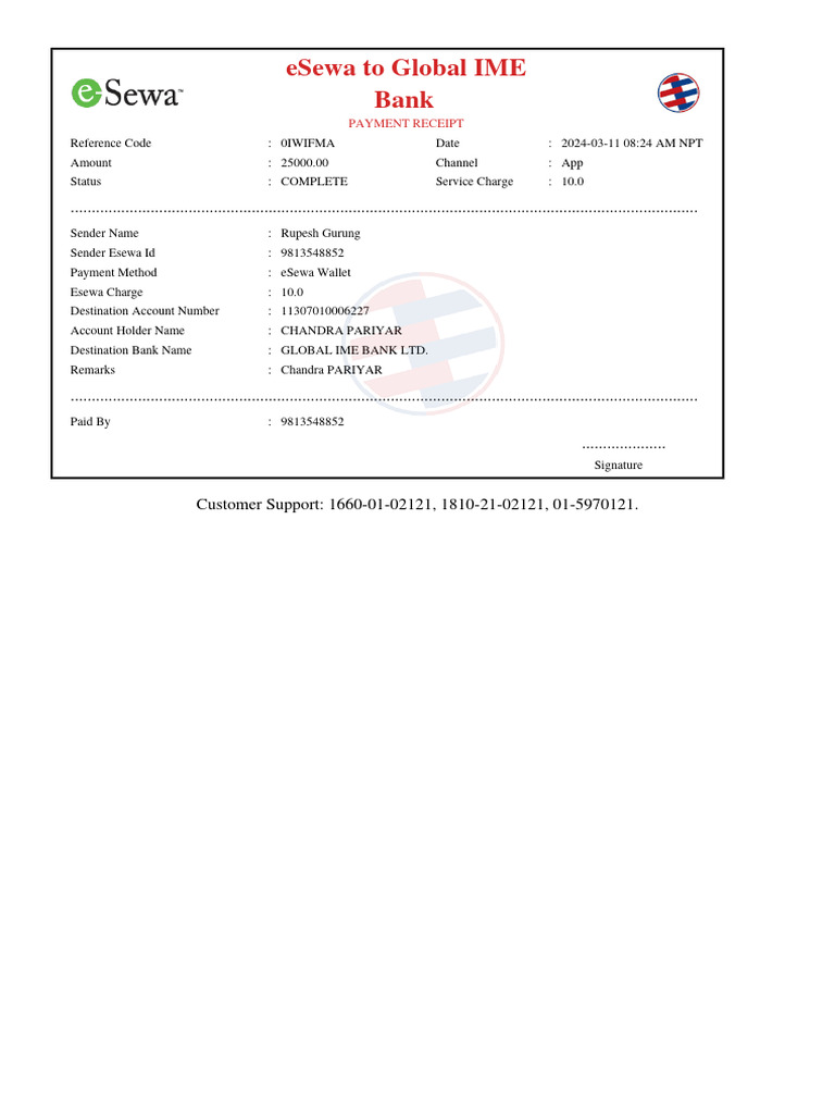 Esewa To Global IME Bank - 1710124879.617676 | PDF