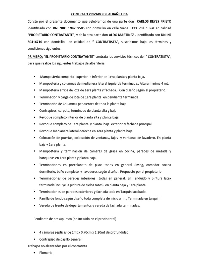 Contrato Privado de Albanileria | PDF Contrato Privado de Albanileria | PDF