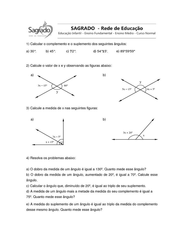 Lista Angulos Complementares Suplementares e Opostos Pelo Vertice e ...