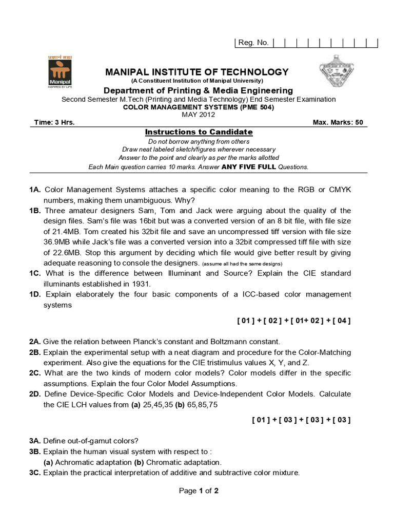 Manipal Institute of Technology: Department of Printing & Media Engineering | PDF | Color ...