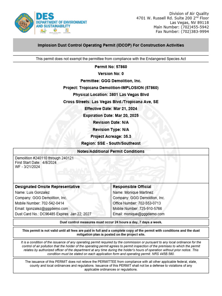 Implosion Dust Control Operating Permit for Tropicana Las Vegas | PDF ...