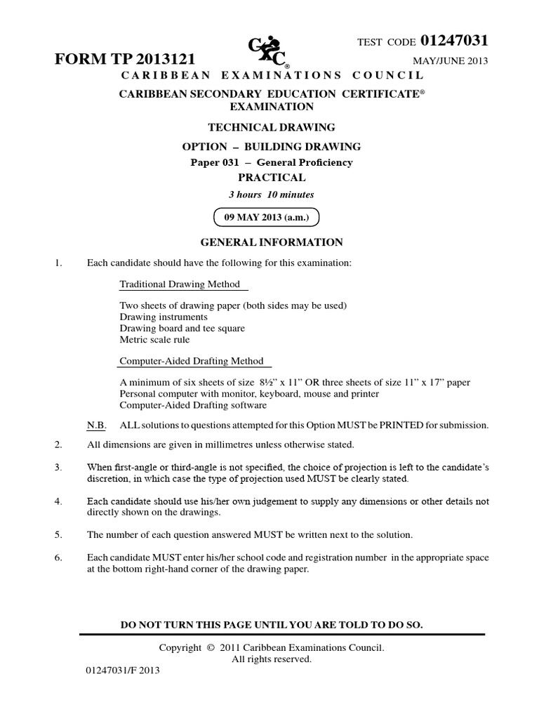 CSEC Technical Drawing 2013 P31 - Building Drawing | PDF | Wall | Door
