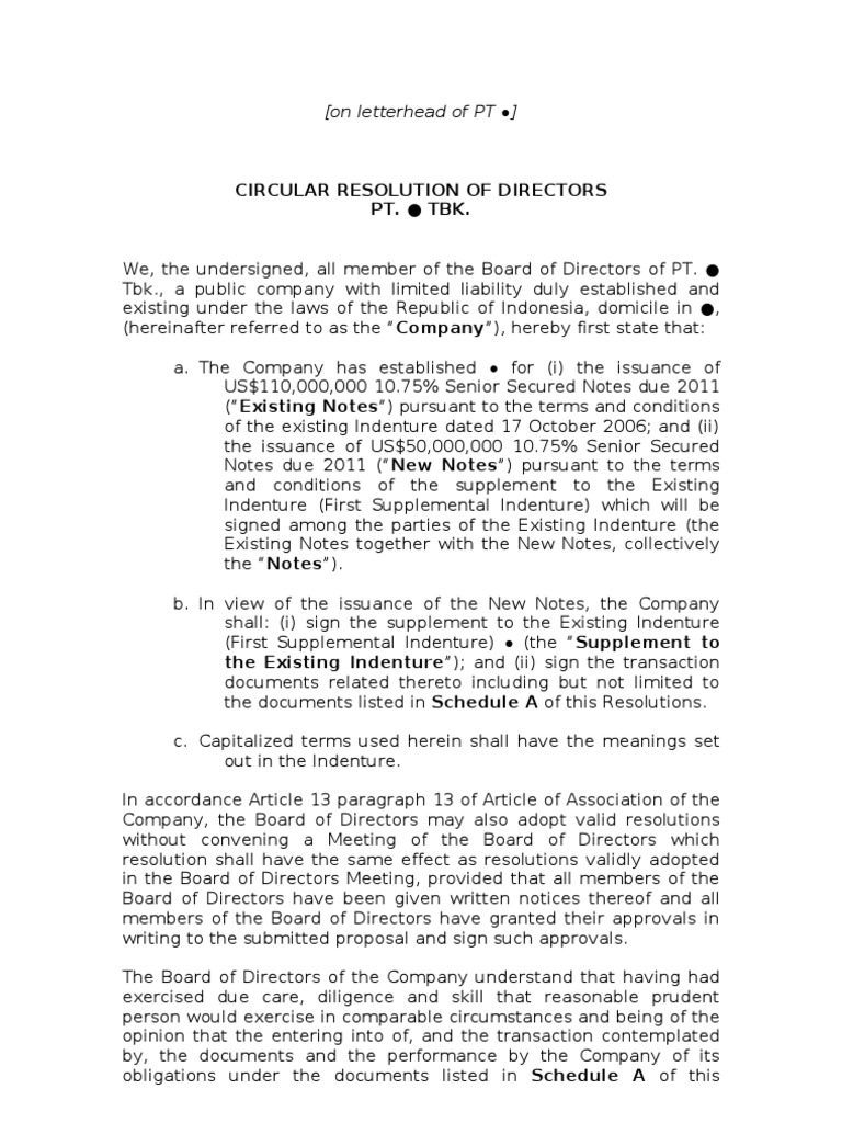 Draft Circular Resolution of Board of Directors For Tack On Notes ...