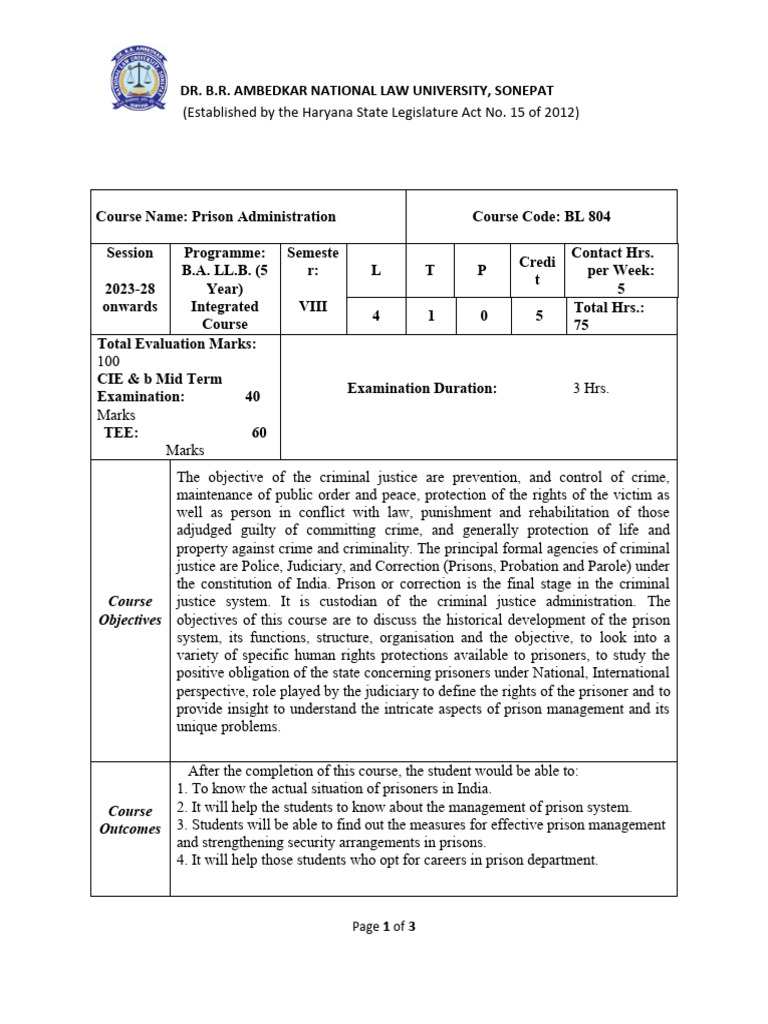 Prison Administration Course Overview | PDF | Prison | Crime & Violence