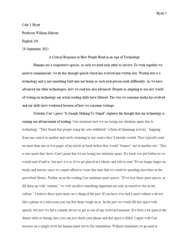 Hyatt Critical Reading Response | PDF | Social Science | Philosophy