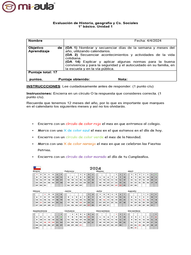 Prueba, Dias de La Semana y Meses Del Año | PDF