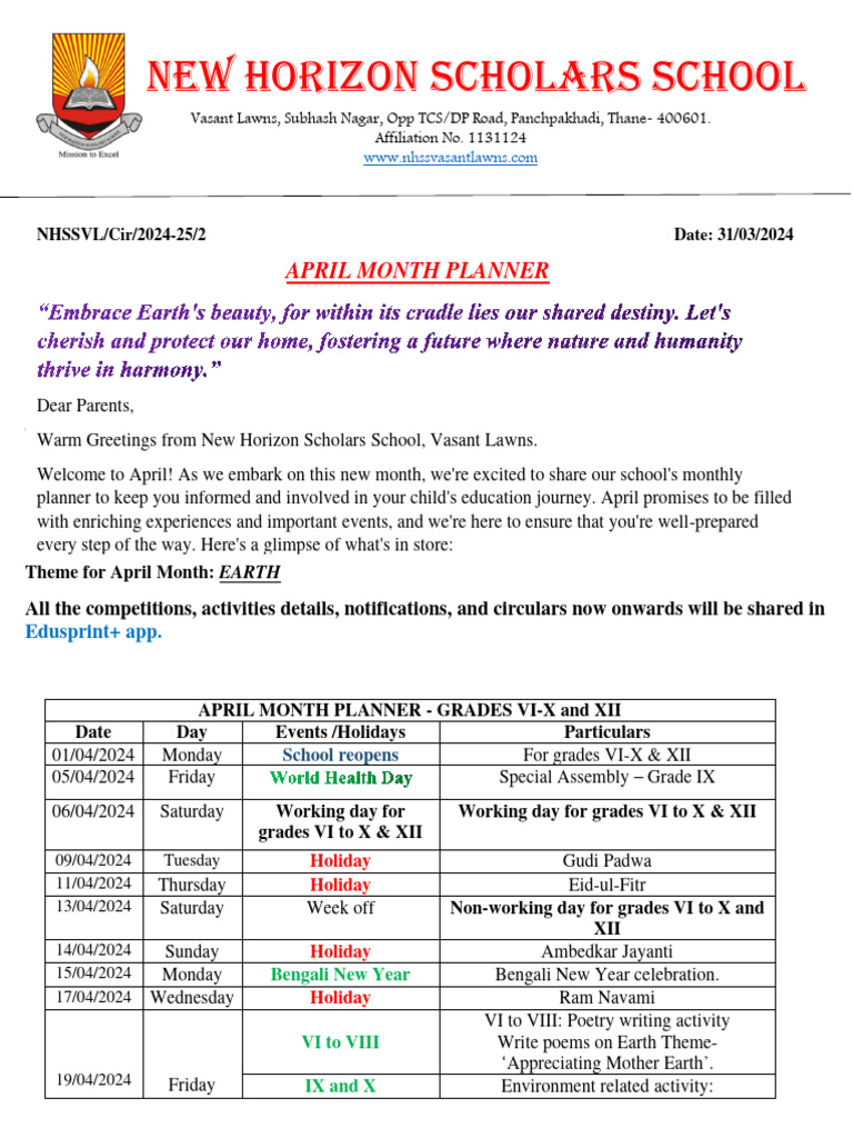 NHSSVL April Month Planner For Grades 6 To 12 AY 2024-25 | PDF