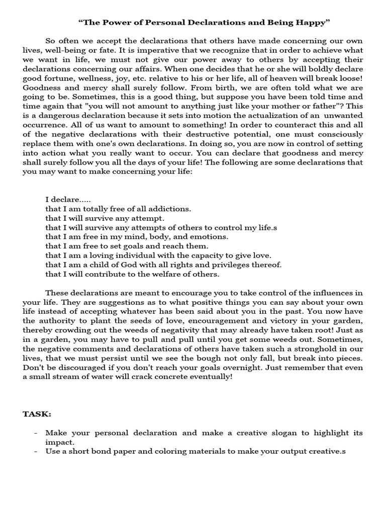 "The Power of Personal Declarations and Being Happy" - by Dr. Emily de Carlo | PDF | Psychology