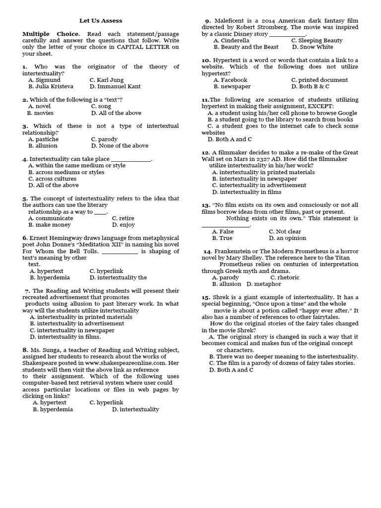 Intertextuality Quiz | PDF | Intertextuality