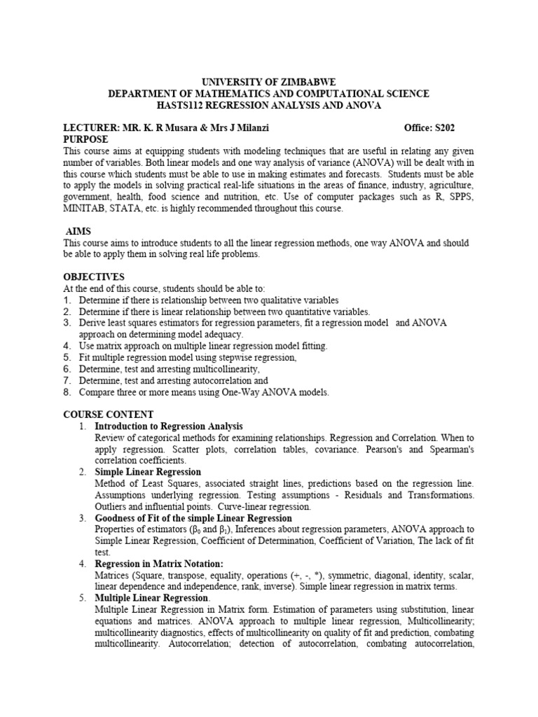 Regression & ANOVA for Students | PDF | Linear Regression | Analysis Of Variance