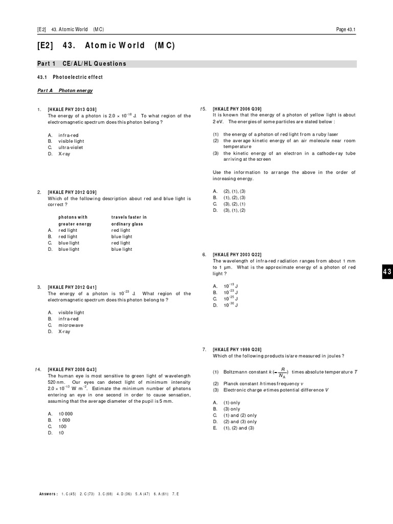 E2 Atomic World MCQ | PDF | Photoelectric Effect | Light