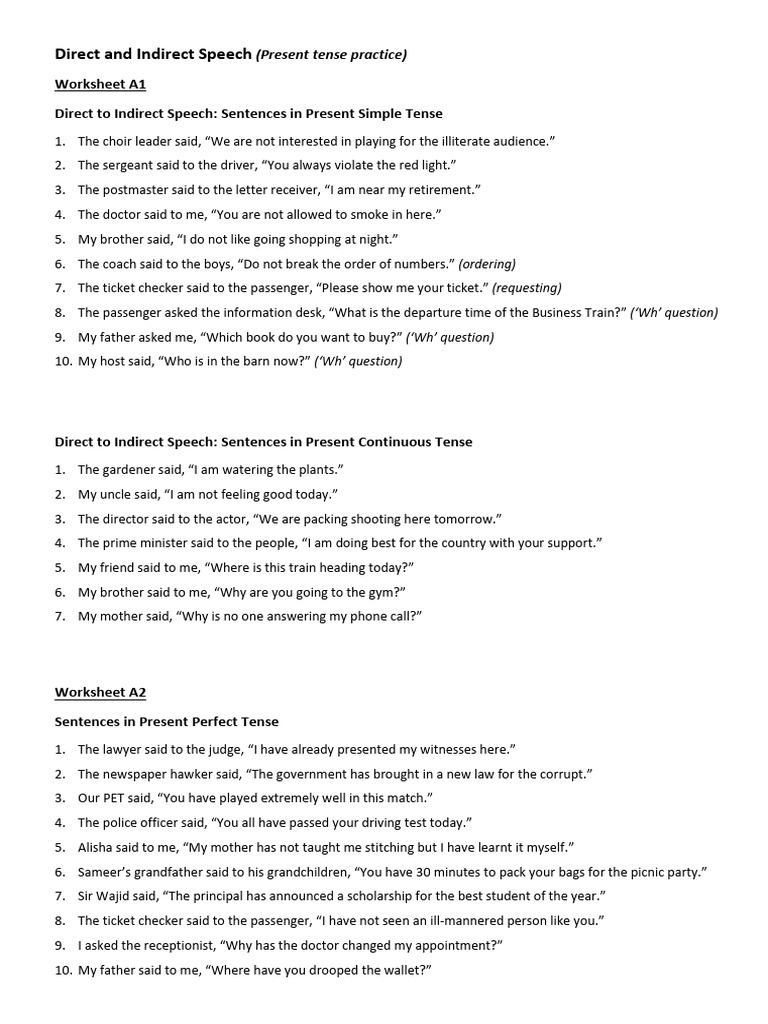Direct and Indirect Speech Present Tense Practice | PDF