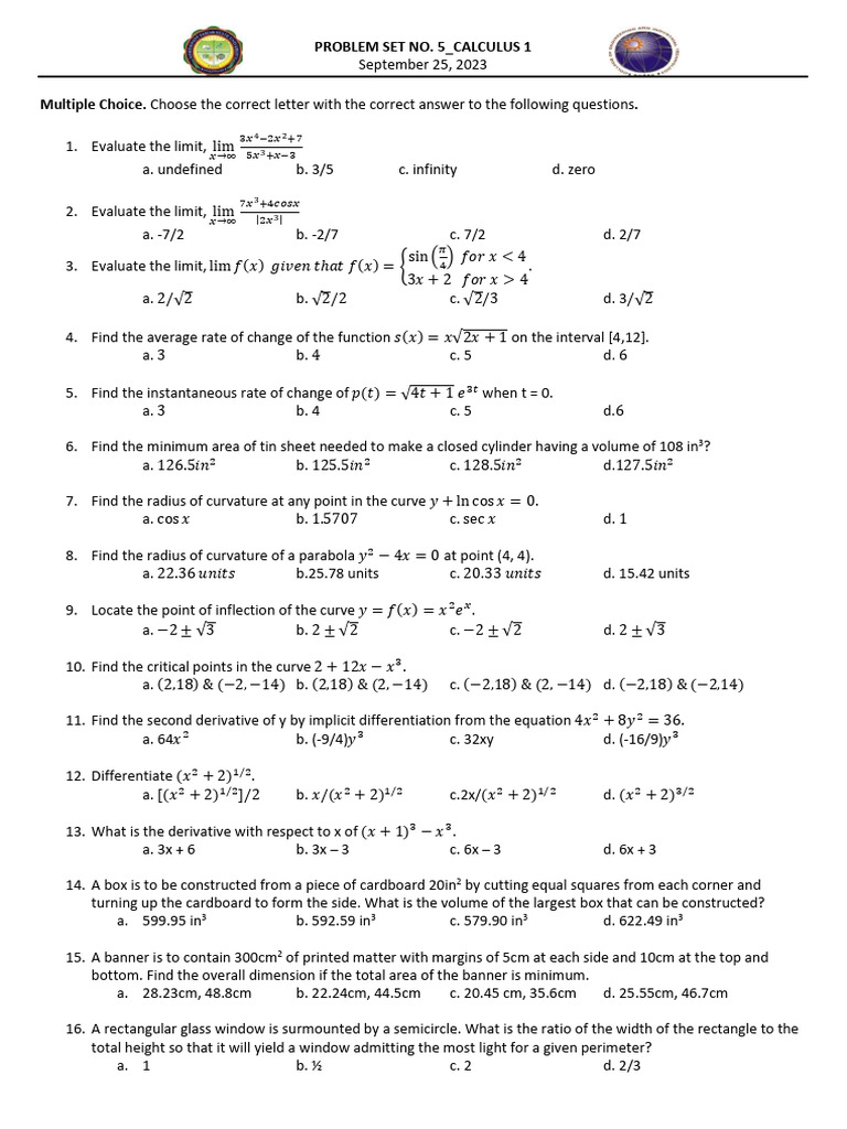 Problem Set 5 Calculus 1 | PDF | Curvature | Area