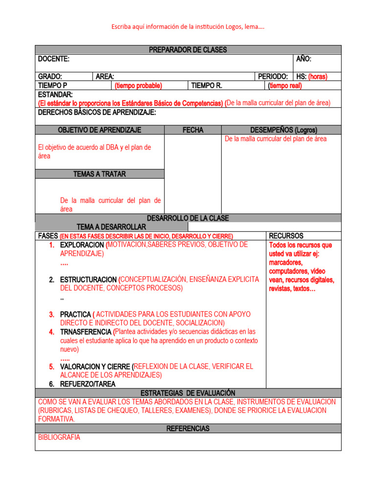 Modelo de Plan de Clases | PDF | Maestros | Evaluación