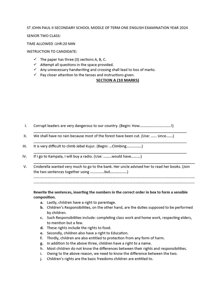 ST John Paul Ii Secondary School Middle of Term One English Examination ...