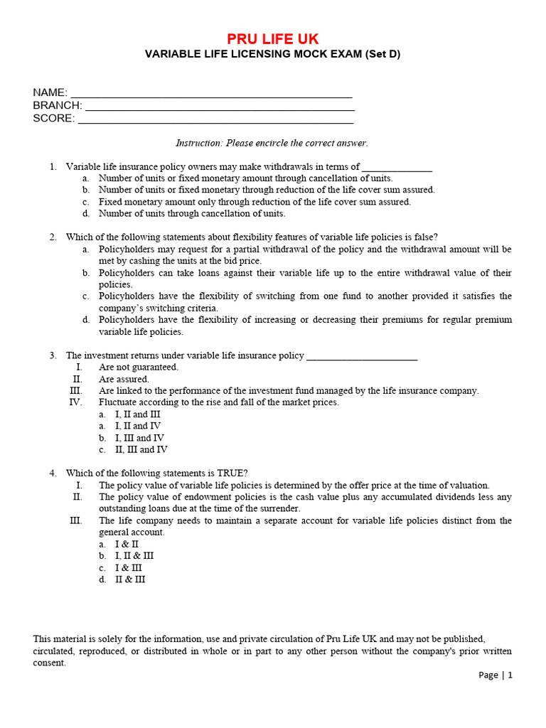 Pru Life Uk: Variable Life Licensing Mock Exam (Set D) | PDF ...