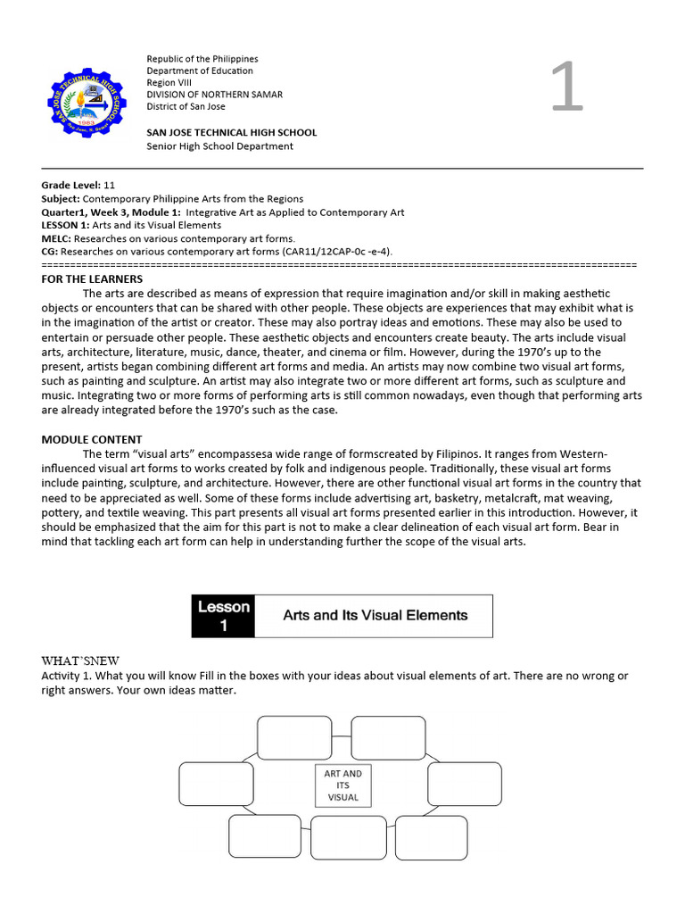 CPAR S1 Q1 W3 Arts and Its Visual Elements | PDF | Color | Hue