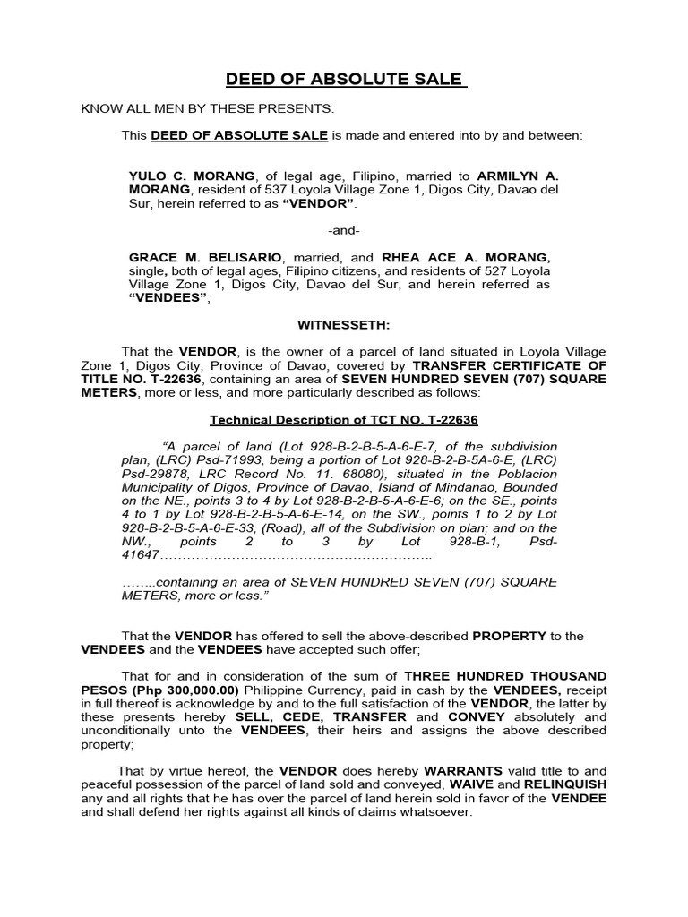 Deed of Absolute Sale of Real Property | PDF | Land Lot | Civil Law ...