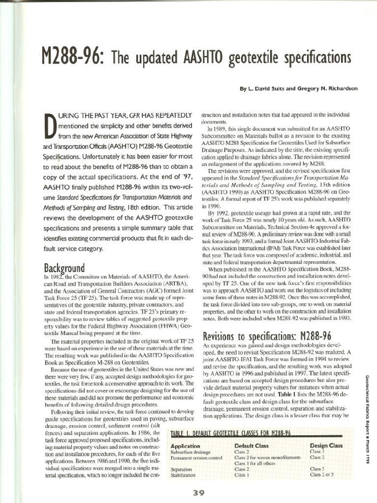 [AASHTO M288] 80-1998-M288-96-The-updated-AASHTO-geotextile-specifications | PDF