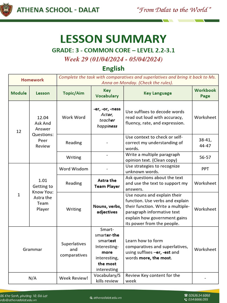 WEEK 29 - G3 - LESSON SUMMARY CCS-2.2 Level | PDF | Word | Linguistics
