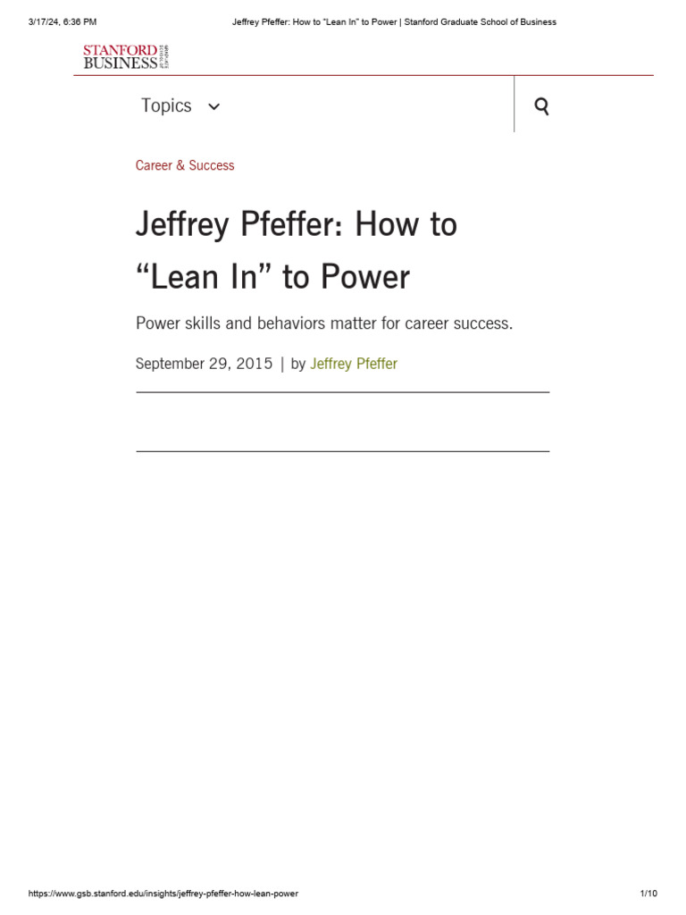 Jeffrey Pfeffer - How To "Lean In" To Power - OPTIONAL | PDF | Body ...